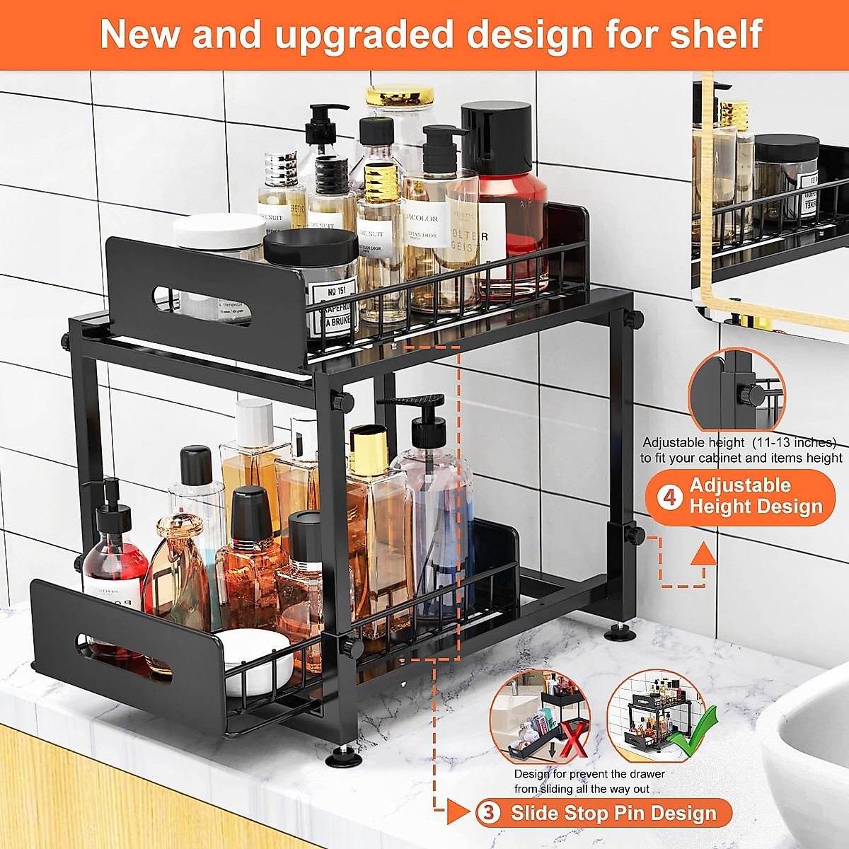 Under Sink Organizer,Cabinet Organizer and Storage,2 Tier Pull Out Under Bathroom Sink Organizers with Two Sliding Drawers,Adjustable height Metal Under Counter Organization for Kitchen and Bathroom