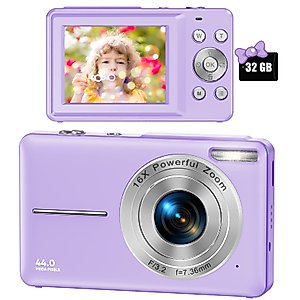 Digital Camera, FHD 1080P Digital Camera for Kids Video Camera with 32GB SD Card 16X Digital Zoom, Compact Point and Shoot Camera Portable Small Camera for Teens Students Boys Girls Seniors(Purple)