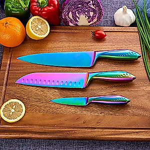 WELLSTAR Kitchen Knife Set 3 Piece, Razor Sharp German Stainless Steel Blade and Comfortable Handle with Rainbow Titanium Coated, Chef Santoku Paring for Cutting Dicing Mincing and Peeling, Gift Box