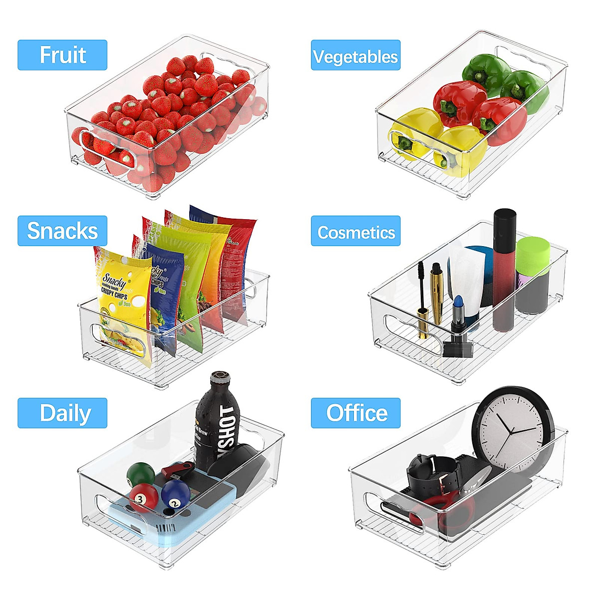 Refrigerator Organizer Bins - 6 Pack Fridge Organizers and Storage Clear, Three Size Clear Stackable Storage Bins for Pantry, Freezer, Cabinet, Drawer - BPA Free