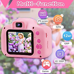 PROGRACE Kids Camera Girls Gift - Camera for Kids Dual Selfie Children Camera Age 3 4 5 6 7 8 9 Year Old Kids Digital Camera Toys for Kids Birthday Gift for Girls Kids Video Camera Pink