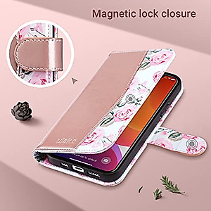 ULAK Compatible with iPhone 12 Wallet Case for Women, Premium PU Leather iPhone 12 Pro Flip Cover with Card Holder, Wrist Strap, Kickstand Shockproof Phone Case for iPhone 12/12 Pro 6.1, Rose Flower