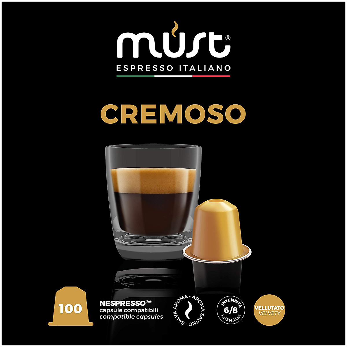 MUST, 100 Coffee Capsules in 100% Recyclable Aluminum, Cremoso Blend Intensity 6/8, 10 Packs of 10 Capsules, Compatible with Nespresso Machine, Made in Italy