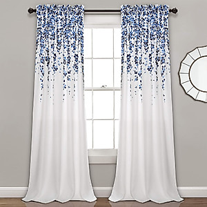 Lush Decor Weeping Flower Light Filtering Window Curtain Panels, Pair, 52"W x 95"L + 2" Header, Navy & Blue - Charming Modern Floral Curtains for Living Room, Dining Room, & Bedroom