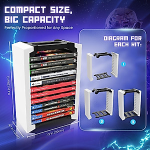 TNP Universal Video Game Storage Tower for PS5, PS4, PS3, Nintendo Switch, Xbox One, Xbox Series S/X - White Video Game Holder Organizer Stand with 12 CD Case Storage for Organizing & Displaying