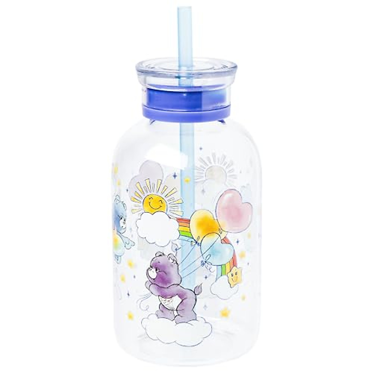Silver Buffalo Care Bears Glass Milk Bottle with Straw Featuring Share Bear and Goodnight Bear, 15 Ounces