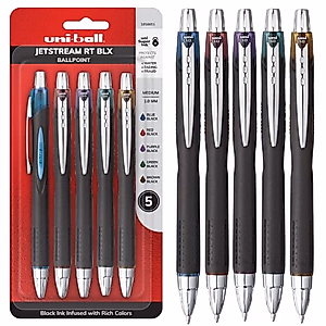 Uniball Jetstream RT BLX 5 Pack, 1.0mm Medium Assorted, Wirecutter Best Pen, Ballpoint Pens, Ballpoint Ink Pens | Office Supplies, Ballpoint Pen, Colored Pens, Fine Point, Smooth Writing Pens