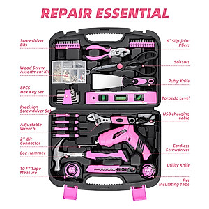 143 Pcs Pink Homeowner Tool Set with 3.6V Cordless Screwdriver General Household Hand Tool Kit with Plastic Tool box Storage Case for Women,Men