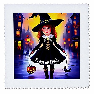 3dRose Charming Witch Girl in The City. Treat or Trick Halloween Card - Quilt Squares (qs-378855-2)