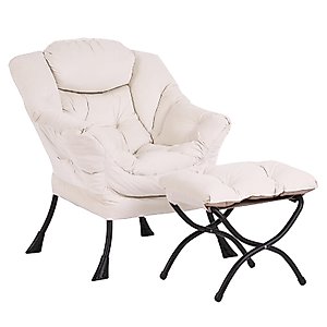 Givjoy Lazy Chair and Ottoman, Large Accent Lounge Chair with Armrests and a Side Pocket, Modern Leisure Upholstered Sofa Reading Armchair with Footrest for Bedroom, Living Room, Dorm Rooms, Office