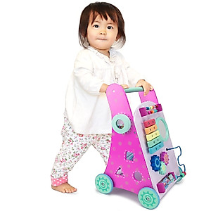 Imagination Generation Pink Push-n-Play Wooden Learning Walker Toy, 10 Fun Activities for Sitting, Standing, & Walking Toddlers
