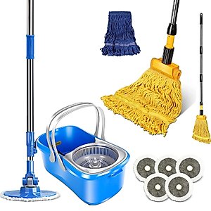 Masthome Small Mop Bucket with Wringer Set, 5 Microfiber Mop Refills & Industrial Grade Heavy Duty Floor Mop, 55'' Stainless Steel Pole Jaw Clamp for Floor Cleaning (Total 2 Pcs String Mop Heads)