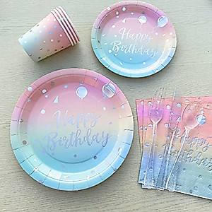 Pastel Party Decorations - Plates, Cups, Napkins & Sturdy Silverware for Rainbow Baby Shower, Birthday or Girl Pajama Party - Serves 16