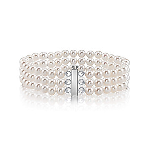 The Pearl Source 14K Gold 7-7.5mm AAA Quality White Triple Japanese Akoya Saltwater Cultured Pearl Bracelet for Women