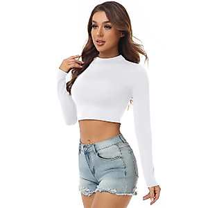 AUHEGN Women's Crop Topss Mock Turtleneck Long Sleeve Lightweight Base Layer Shirts White X-Large