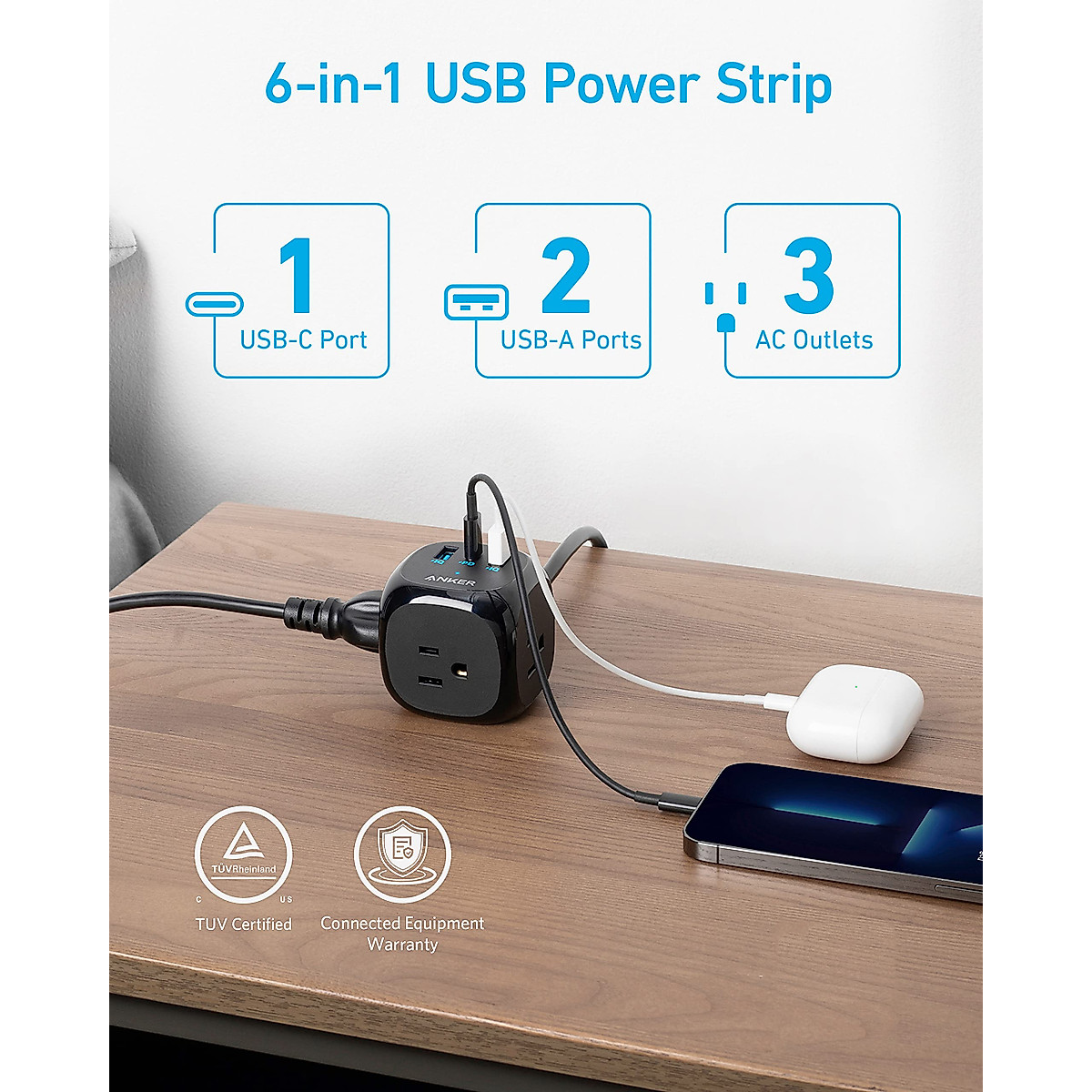 Anker 20W USB C Power Strip, 321 Power Strip with 3 Outlets and USB C Charging for iPhone 15/15 Plus/15 Pro/15 Pro Max, 5 ft Extension Cord, Power Delivery Charging for Dorm Rooms,Home Office(Black)