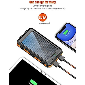 Solar Power Bank 36800mAh Portable Solar Charger 5V3.1A, QC 3.0 Dual 2 USB,LED Flashlights Port Strong LED IPX7 Flashlight,Waterproof, Dustproof, Shockproof (Orange)