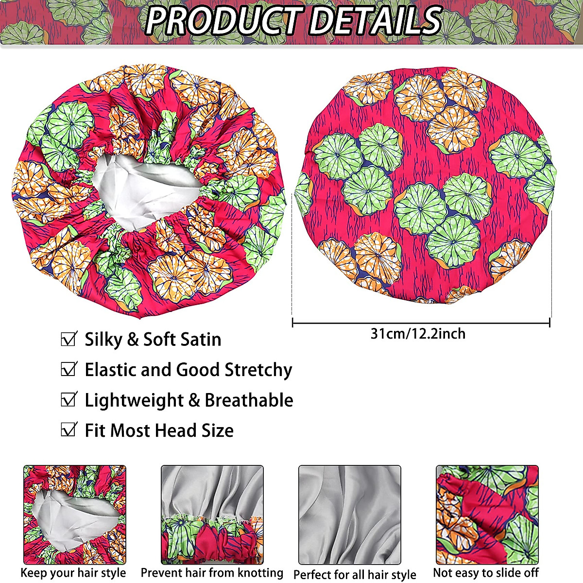 6 Packs Double Layer Satin Bonnet for Women Silk African Print Sleep Cap Head Scarf Large Head Wrap Soft Night Sleeping Hat Adjustable for Long Curly Natural Hair Braids