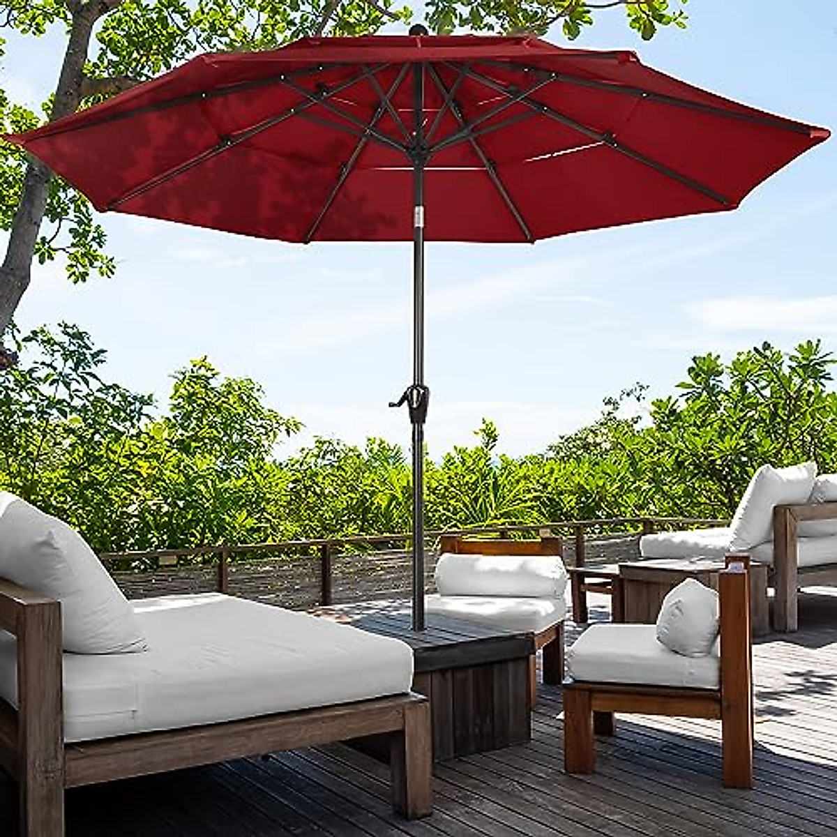 Pure Garden 10 ft Patio Umbrella - 3-Tiered Sunshade with Push Button Tilt and Easy-Open Crank - Outdoor Umbrella for Deck, Yard, or Pool (Red)
