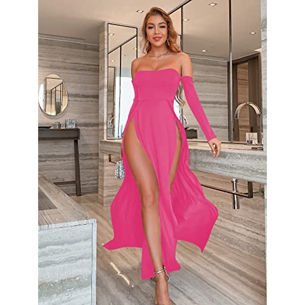 MakeMeChic Women's Off Shoulder Long Sleeve High Slit Long Maxi Cocktail Party Dress Hot Pink XL