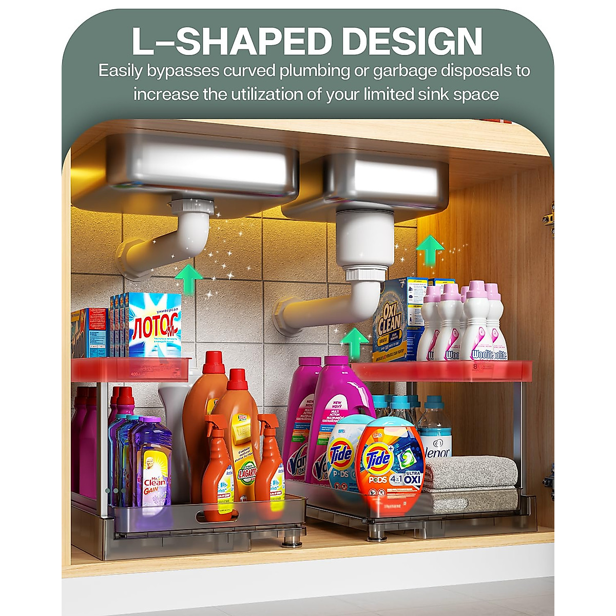 2 Pack Under Sink Organizer and Storage, 2 Tier Sliding Under Sink Shelf, L Shaped Pull Out Cabinet Basket Organizer, Multi-Purpose Slide Out Organizer Rack for Bathroom, Kitchen