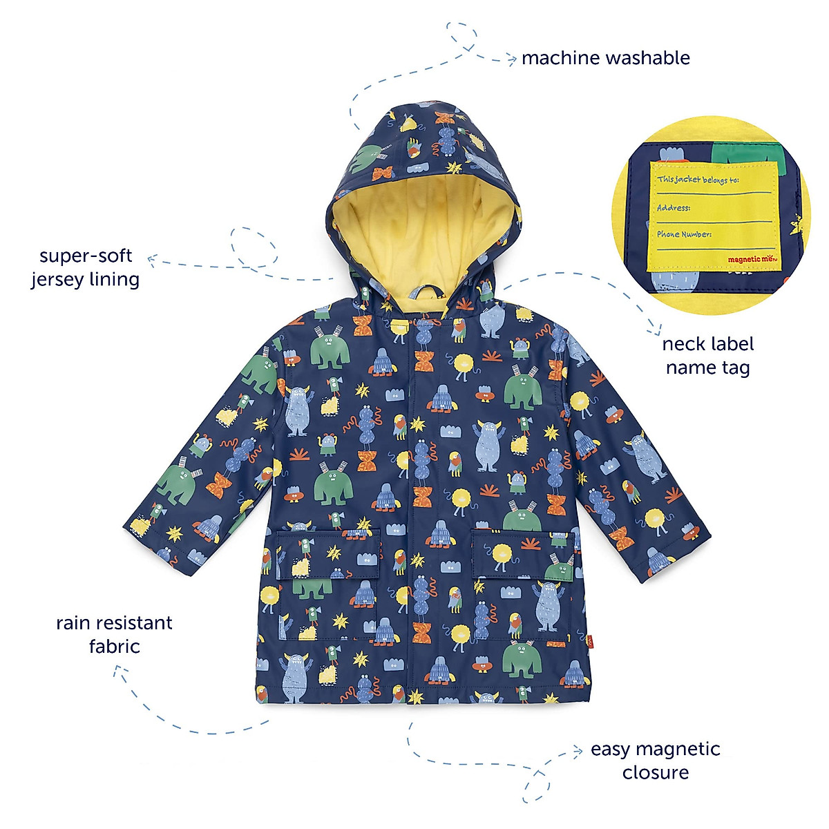 Magnetic Me Color Changing Raincoat For Toddlers with Hood and Easy Magnet Closure Boys Blue Polka Dot Emoji Toddler Rain Jacket/Coat Size 3T