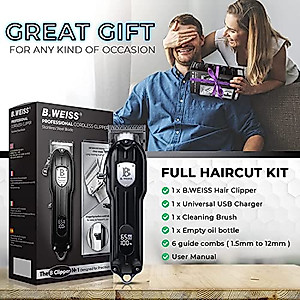 B. WEISS Professional Stainless Steel Hair Clippers for Home Use, Beginners Cordless Grooming Kit for Hair Cutting at Home, Beard, Body Hair,Rechargeable with LED Display