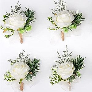 OUKEYI 4PCS Rose Flower Wrist Corsage Boutonniere Set, Handmade Artificial Corsage Set, Bride Hand Flower Wristlet Band Bracelet and Men Boutonniere for Wedding Party Prom Decorations (Corsage)