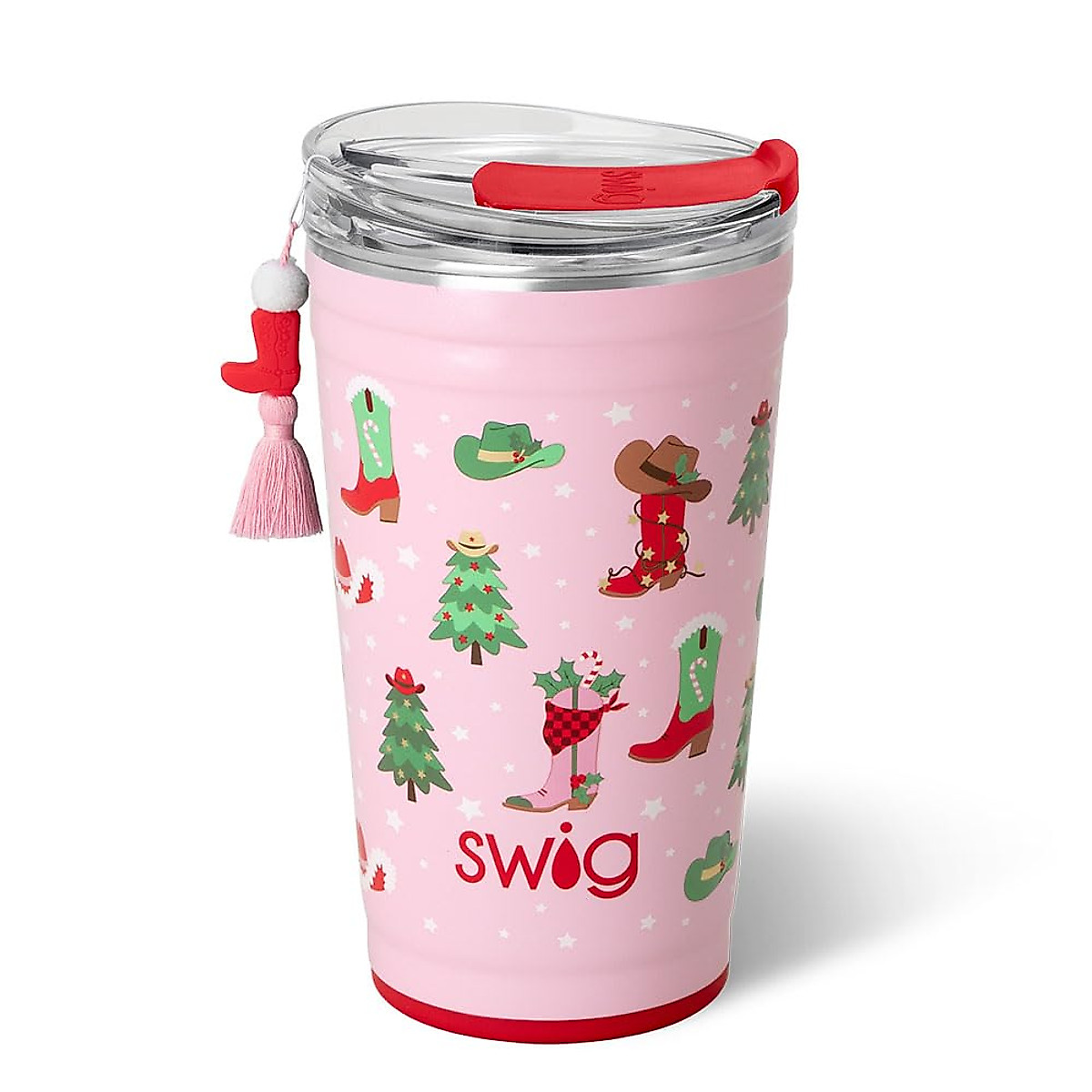 Swig Life 24oz Party Cup, Stackable Insulated Travel Coffee Tumbler with EZ Slider Lid, Cup Holder Friendly Travel Thermos, Stainless Steel 24 oz Tumbler, Reusable Coffee Mug (Howdy Holidays)