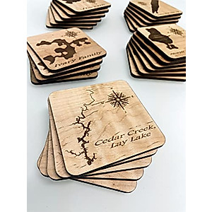 Custom Lake Map Square Wood Coasters - ANY LAKE! sets of 4, 6, 8- lake house décor Laser Engraved