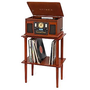 Victrola 8-in-1 Bluetooth Record Player & Multimedia Center, Built-in Stereo Speakers - Turntable, Wireless Music Streaming with Stand, Real Wood | Mahogany