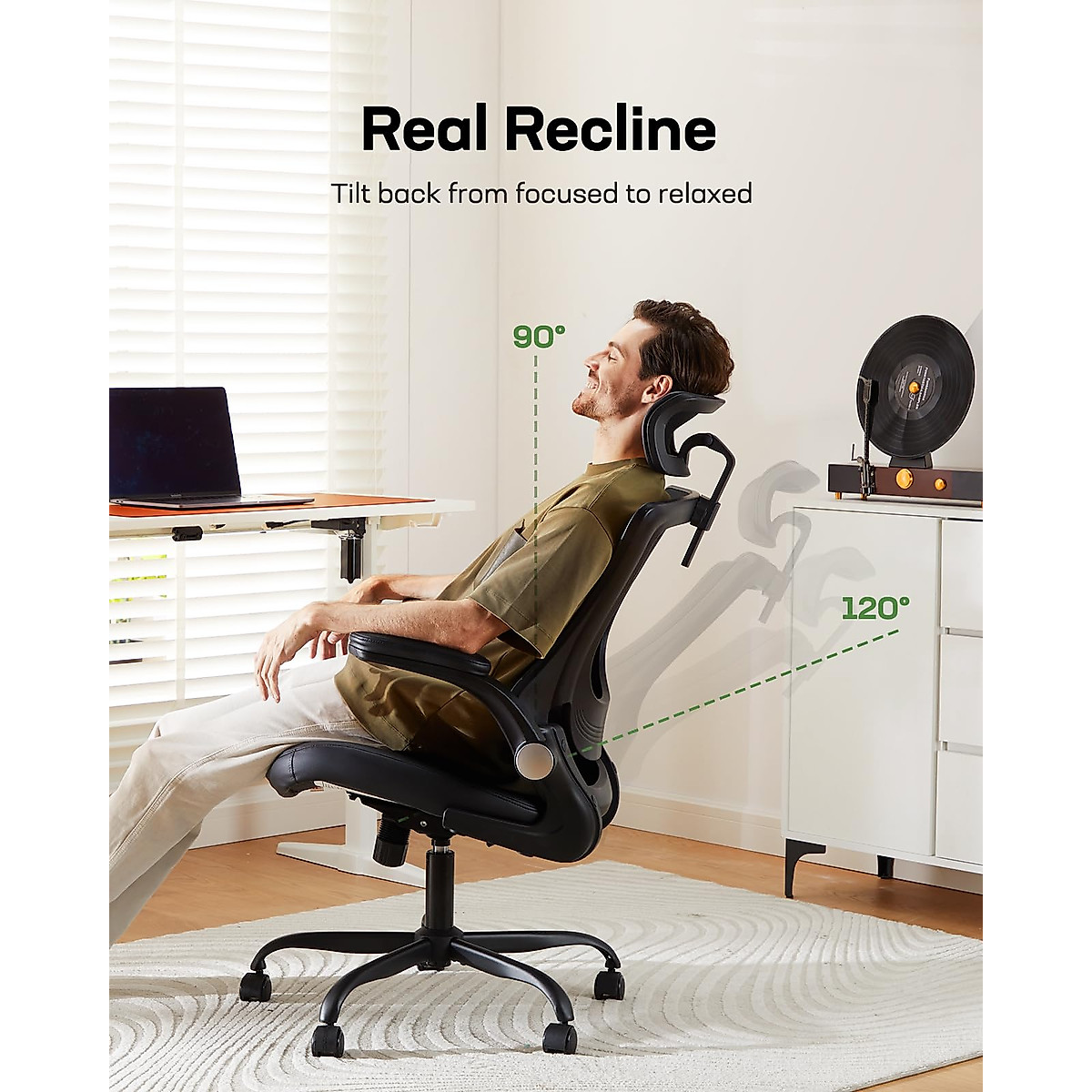 Marsail Office Chair Ergonomic Desk Chair, 360°Swivel Mesh Back Wide Computer Chair PU Leather Criss Cross Chair,Adjustable Lumbar Support & Flip-up Armrests,Adjustable Height Executive Task Chair