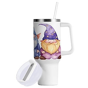 Jihqo Cute Dreamy Gnomes 40 oz Stainless Steel Vacuum Insulated Tumbler with Handle and Straw Lid Reusable Leakproof Water Bottle Double Wall Travel Mug Coffee Cup, Cupholder Friendly