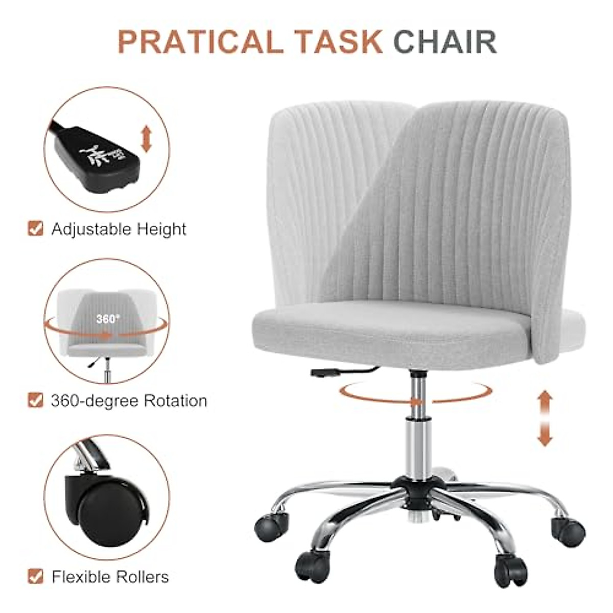 Office Chair Cute Desk Chair, Modern Fabric Home Office Desk Chairs with Wheels, Mid-Back Armless Vanity Swivel Task Chair for Small Space, Living Room, Make-up, Studying