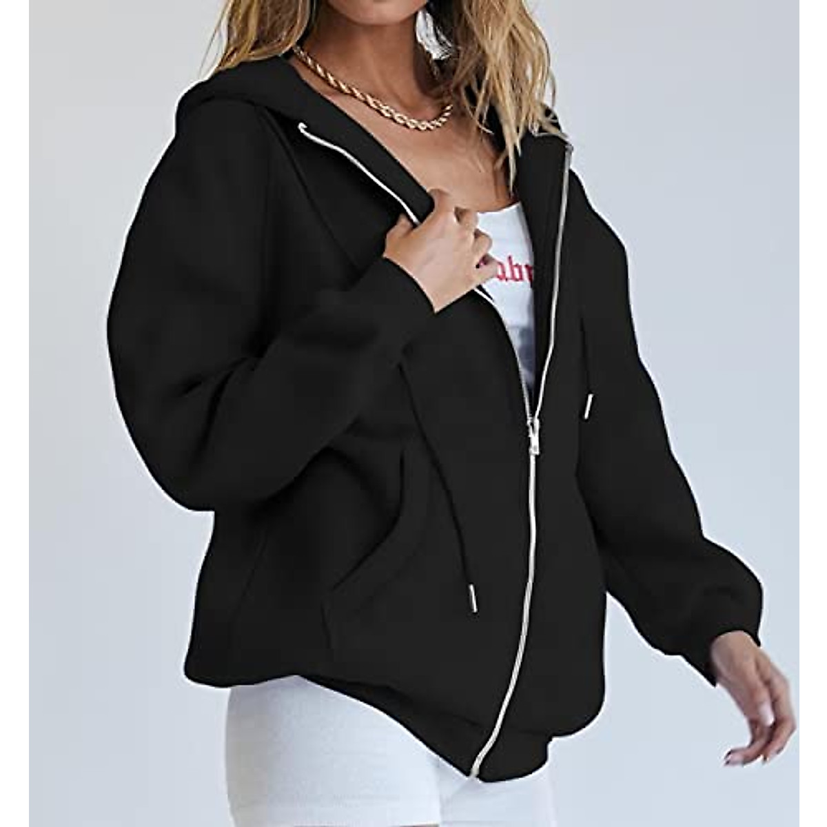 Ezbelle Women's Zip Up Hooded Oversized Sweatshirts Full Zipper Lightweight Hoodie Long Sleeve Cardigantops Y2k Fall Winter Clothes Black L