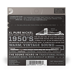 D'Addario Guitar Strings - XL Pure Nickel Electric Guitar Strings - Round Wound - Warm, Bright, Vintage Sound - EPN115 - Blues/Jazz Rock, 11-48
