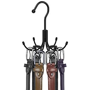 Lomrsiul Belt Hanger Organizer for Closet - Non Slip Rotatable Tie Rack Hanger with 6 Hooks Max 24 Belts Closet Organizers and Storage for Belt Tie Purse Tank Top Handbag Hat Bra Black
