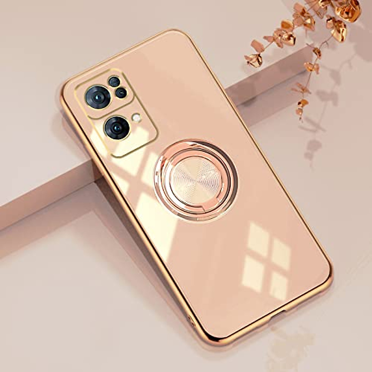 Wousunly Compatible with Oppo Reno 7 Pro 5G Case Ring Holder Magnet Green, Oppo Reno 7 Pro 5G Phone Case Silicone Shockproof Plate Luxury Slim Cover (Pink)