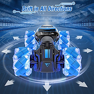 Powerextra LED Gesture Rc Car, 4WD 2.4GHz Remote Control Gesture Sensing Car, Double Sided 360° Rotating Transform Off Road Rc Stunt Car with Lights & Dance for 6-12 Year Old Boys & Girls