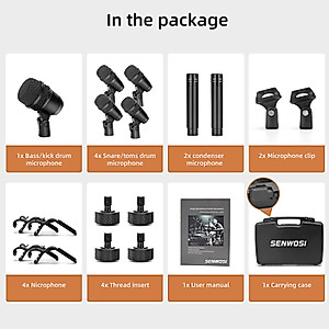 SENWOSI 7 Piece Metal Wired Dynamic Drum Mic Kit Kick bass, Tom/Snare Drum and cymbal mics for Performing and Recording Drummers - Comes with, Stand, Thread clamp, etc（G-7）