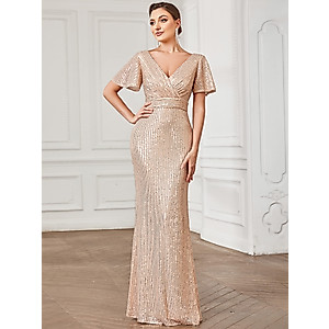 Ever-Pretty Women's Double V-Neck Short Sleeves Empire Waist Sequin Memaid Formal Dresses Rose Gold US4