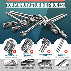 WHISTECK Carbide Rotary Burr Set - 10pcs Double Cut Tungsten Steel Die Grinder Bits, 1/8" Shank and 1/4" Head Length for Woodworking, Drilling, Metal Craving, Engraving, Polishing