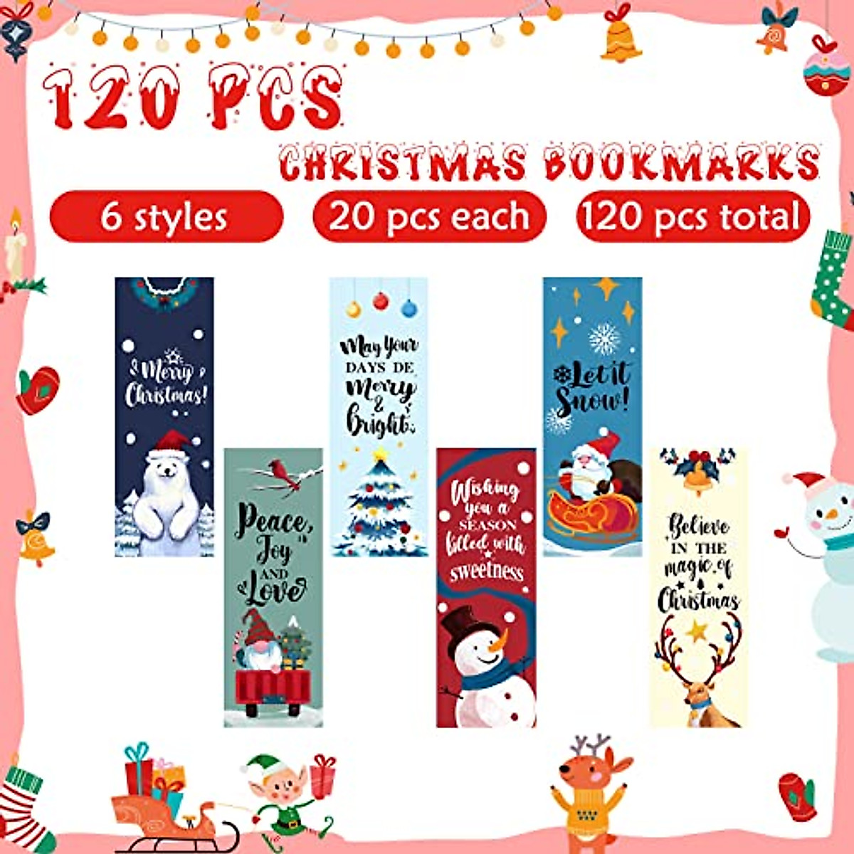 YoeeJob 120pcs Christmas Bookmarks Bulk for Women/Men/Kids, Xmas Tree Snowman Santa Reindeer Claus Bookmark for Book Lovers, Christmas Gift for Students, Holiday Party Favors