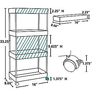 Storage Cart by PILITO, Rolling Utility Cart Mobile Shelving Unit Organizer with Wheels for Bathroom, Kitchen, Office, Home, Laundry Room & Dressers, Plastic & Stainless Steel, White (4-Tier)