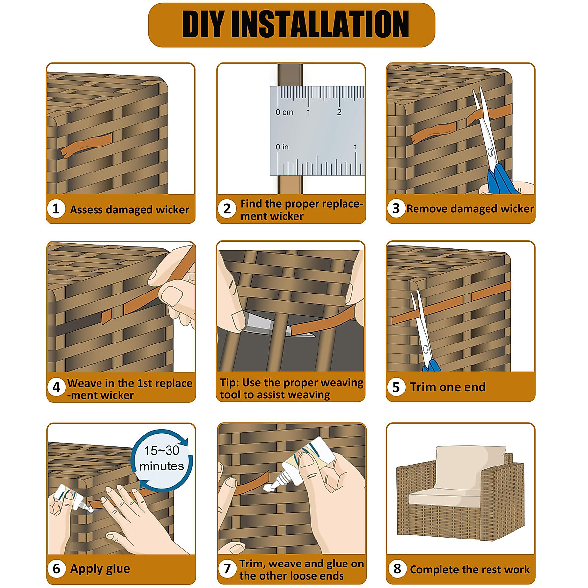 Laphivieh 130 Ft Light Wood Grain Plastic Wicker Repair Kit with Stainless Steel Weaving Tool, Plastic Rattan Material for Patio Rattan Furniture Repair Replacement Supplies