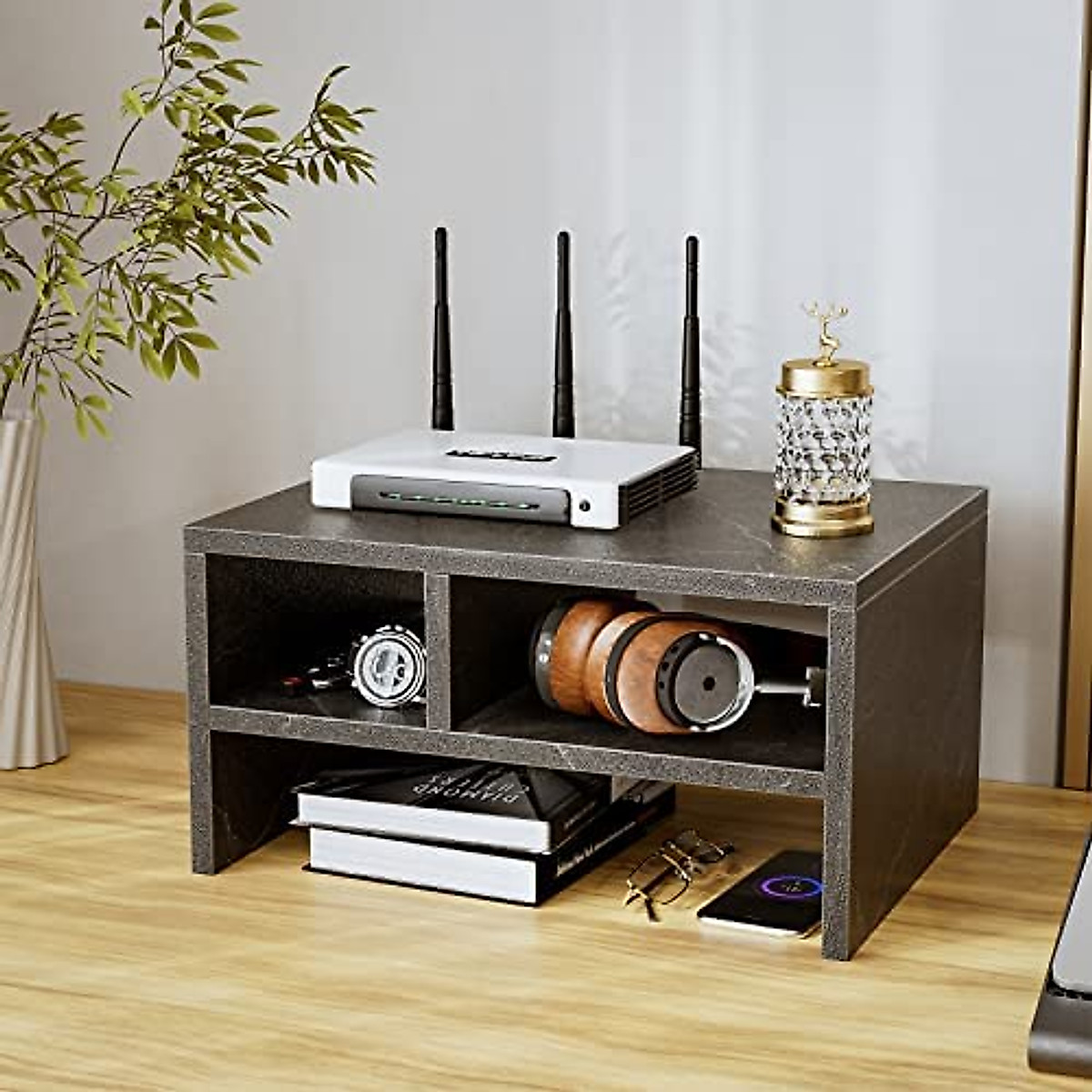 Printer Stand for Desktop, Wooden Printer Stand Shelf with Storage, Printer Shelf for Desk, Printer Holder for Home Office, Faux Black Marble, 15.7”L x 11.8”W x 8.2”H