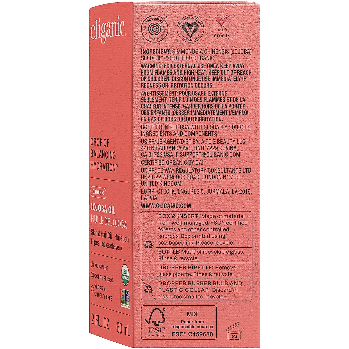 Cliganic USDA Organic Jojoba Oil, 100% Pure (2oz) | Natural Cold Pressed Unrefined Hexane Free Oil for Hair & Face | Base Carrier Oil (Packaging May Vary)