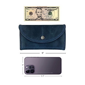 Hide & Drink, Full Grain Leather Snap Clutch Wallet for Women, Money Holder and Card Organizer with Zippered Pouch, Handmade, Slate Blue