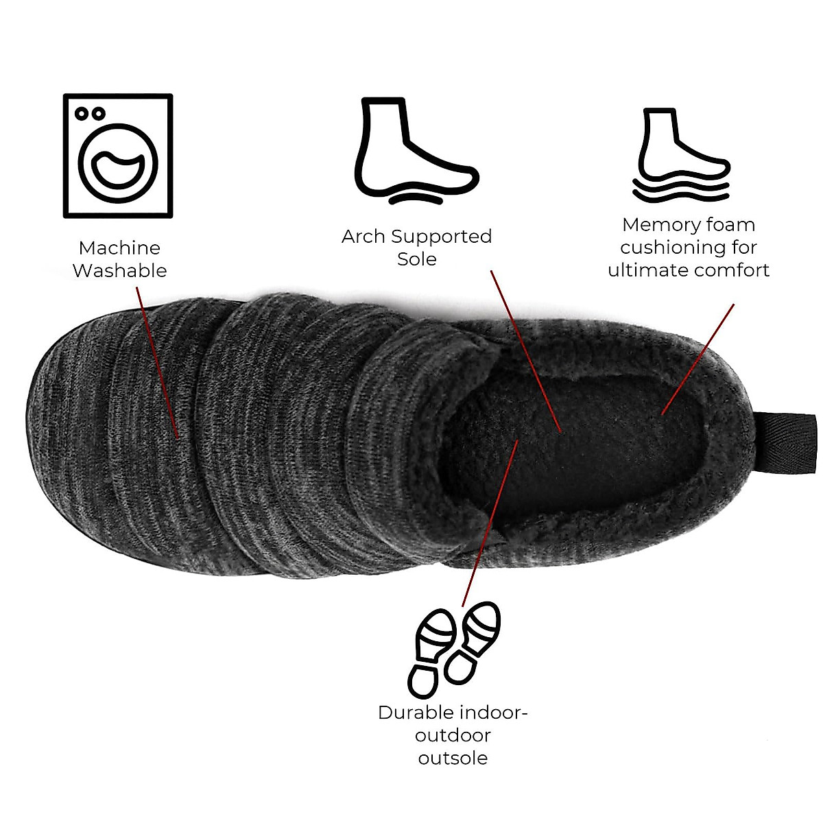 Zizor Men's Comfy Caterpillar Slippers Indoor Outdoor House Shoes, Warm Soft Knit Upper Fuzzy Fleece Lined Memory Foam Sole with Hard Bottom, Black, 8 US