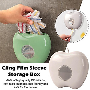 Plastic Wrap Storage Box, Fresh Keeping Bag Storage Box with 100 Pcs Cling Films, Punch-Free Wall-Mounted Large Capacity for Apple Shape Kitchen Bathroom Shower Cap Organizer Dispenser (Grey+100Pcs)